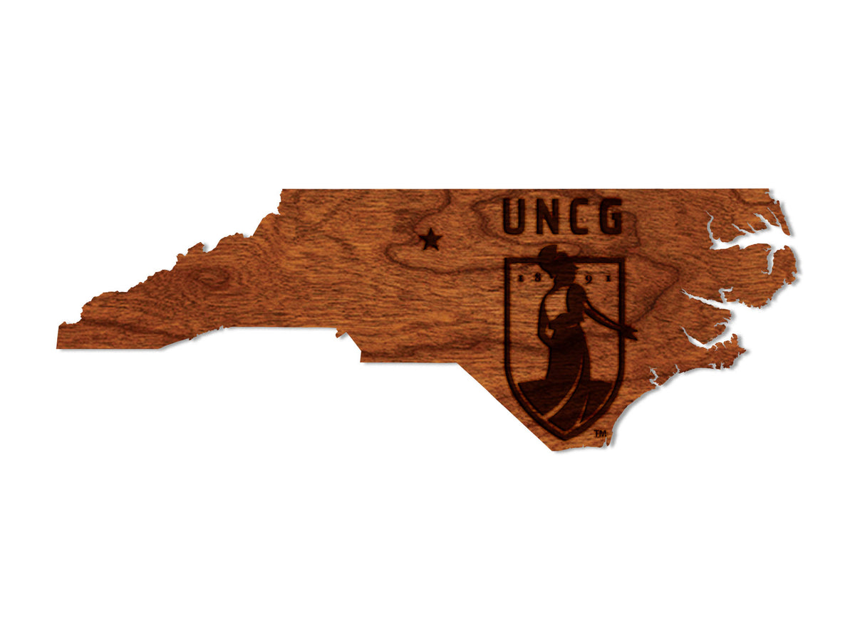 UNCG Emblem on North Carolina Outline Large Cherry Wall Hanging – LazerEdge